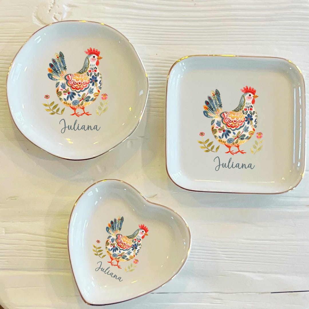 Personalized Watercolor Chicken Ring Dish: Boho Ceramic Trinket Holder ...