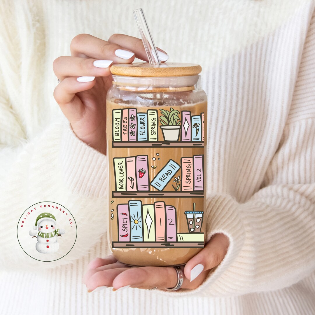 Bookshelf Bookish Glass Tumbler | Custom Reader Iced Coffee Cup | 20 Oz ...