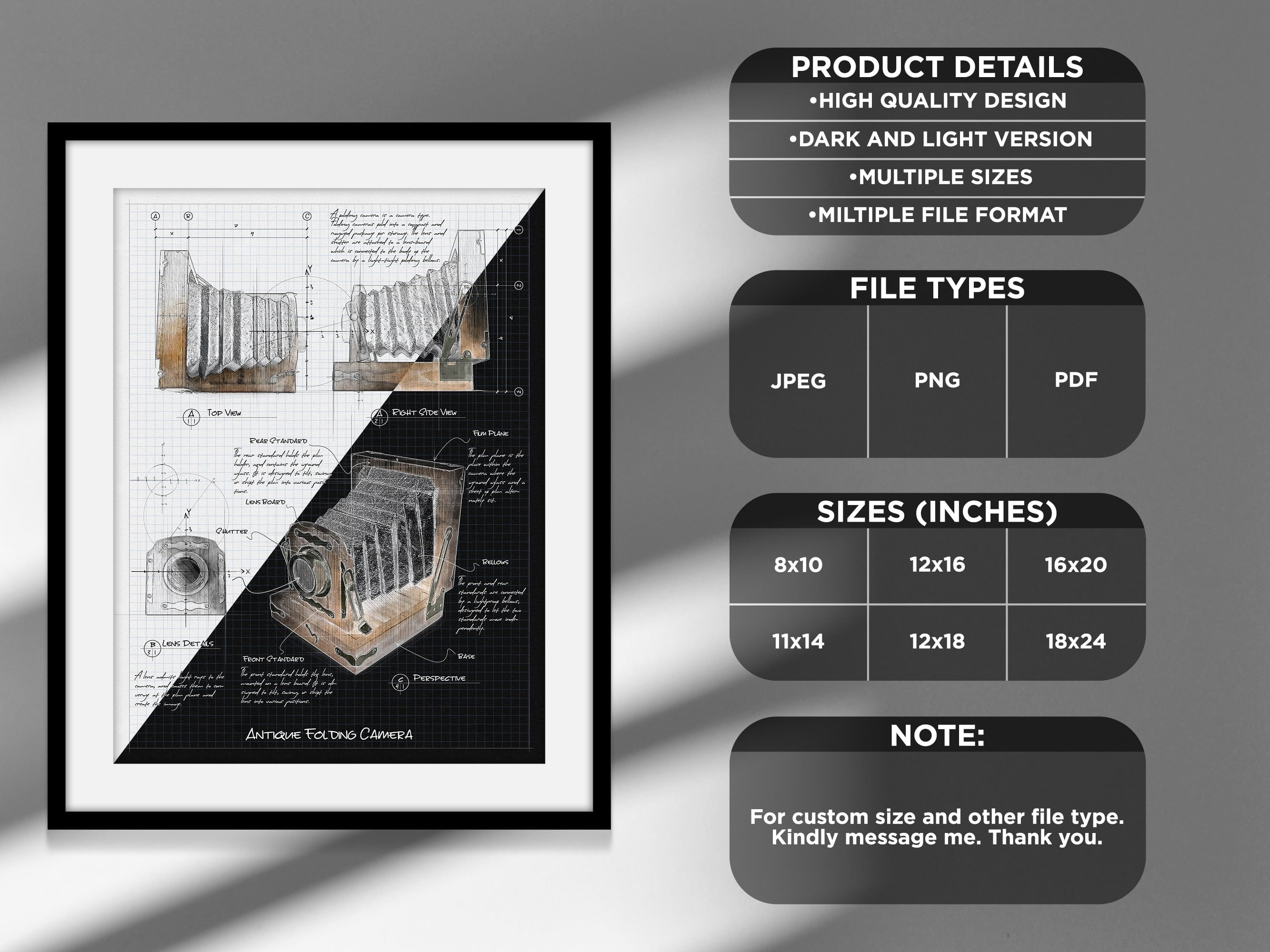 Antique Folding Camera Anatomy Poster Sketch, Black & White Poster ...