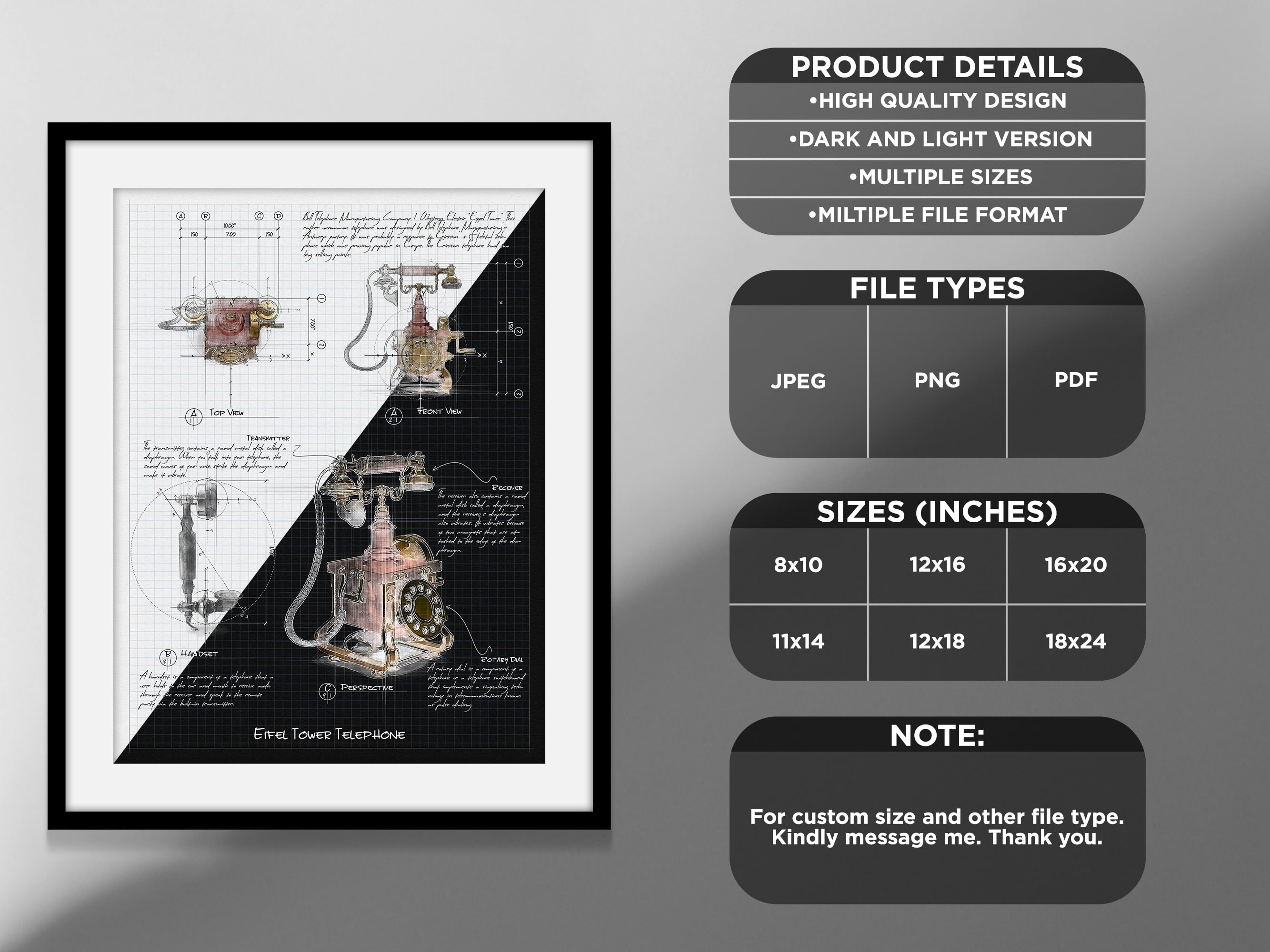 Vintage Telephone Anatomy Poster Sketch, Black and White Poster ...