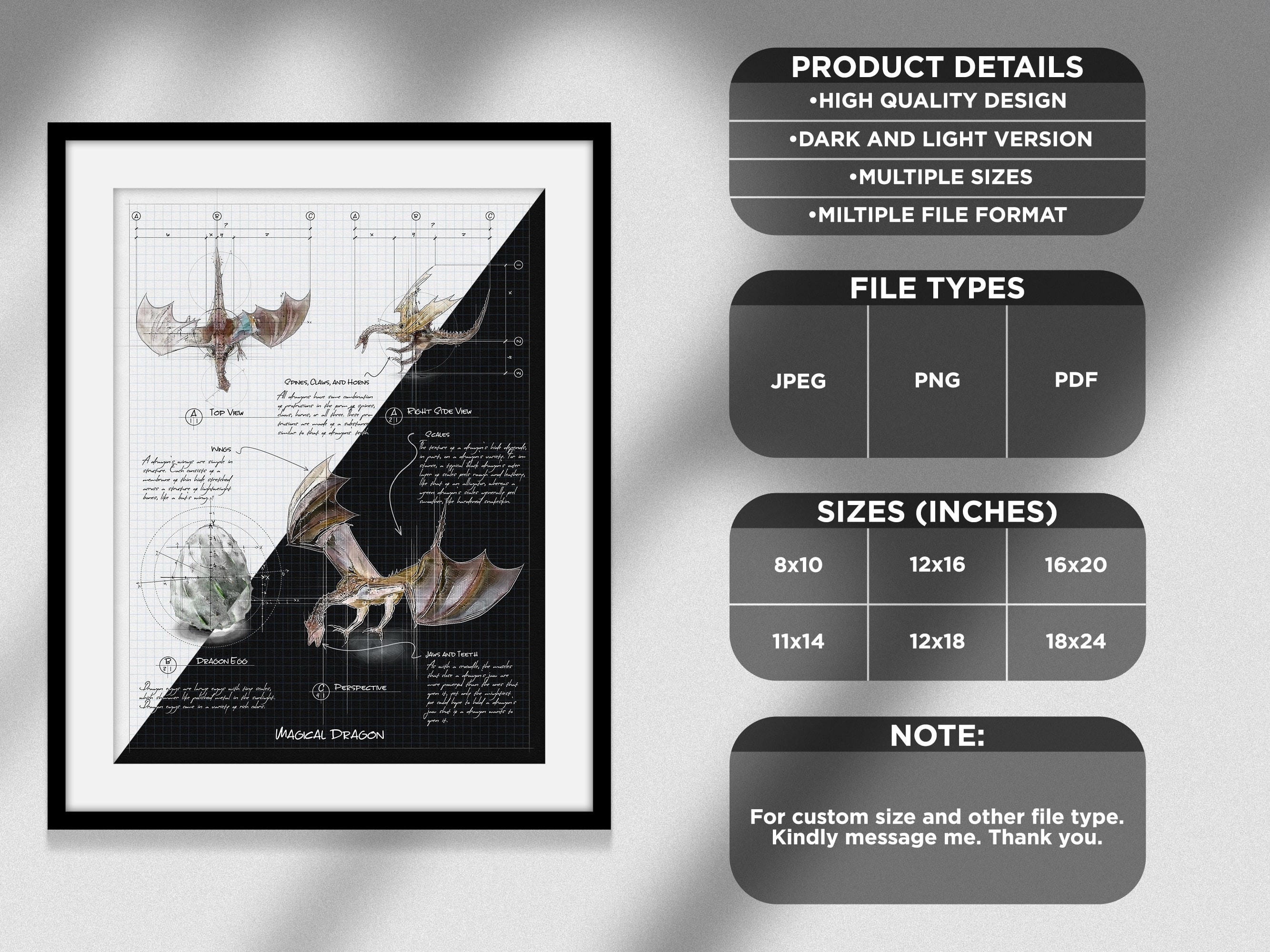 Magical Dragon Landing Anatomy Poster Sketch Black and White - Etsy