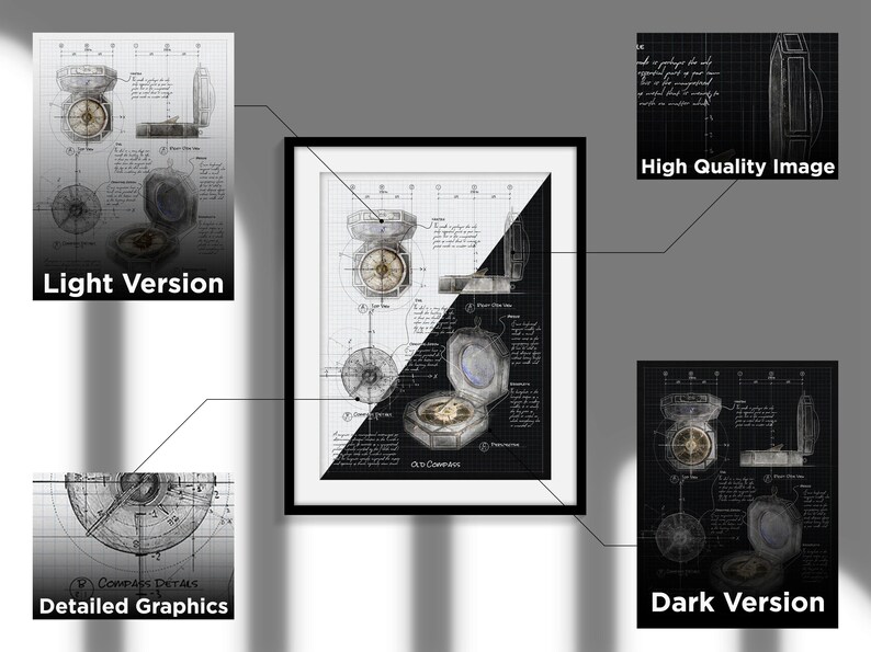 Compass Anatomy Poster Sketch, Black & White Poster, Monochrome, Unique ...