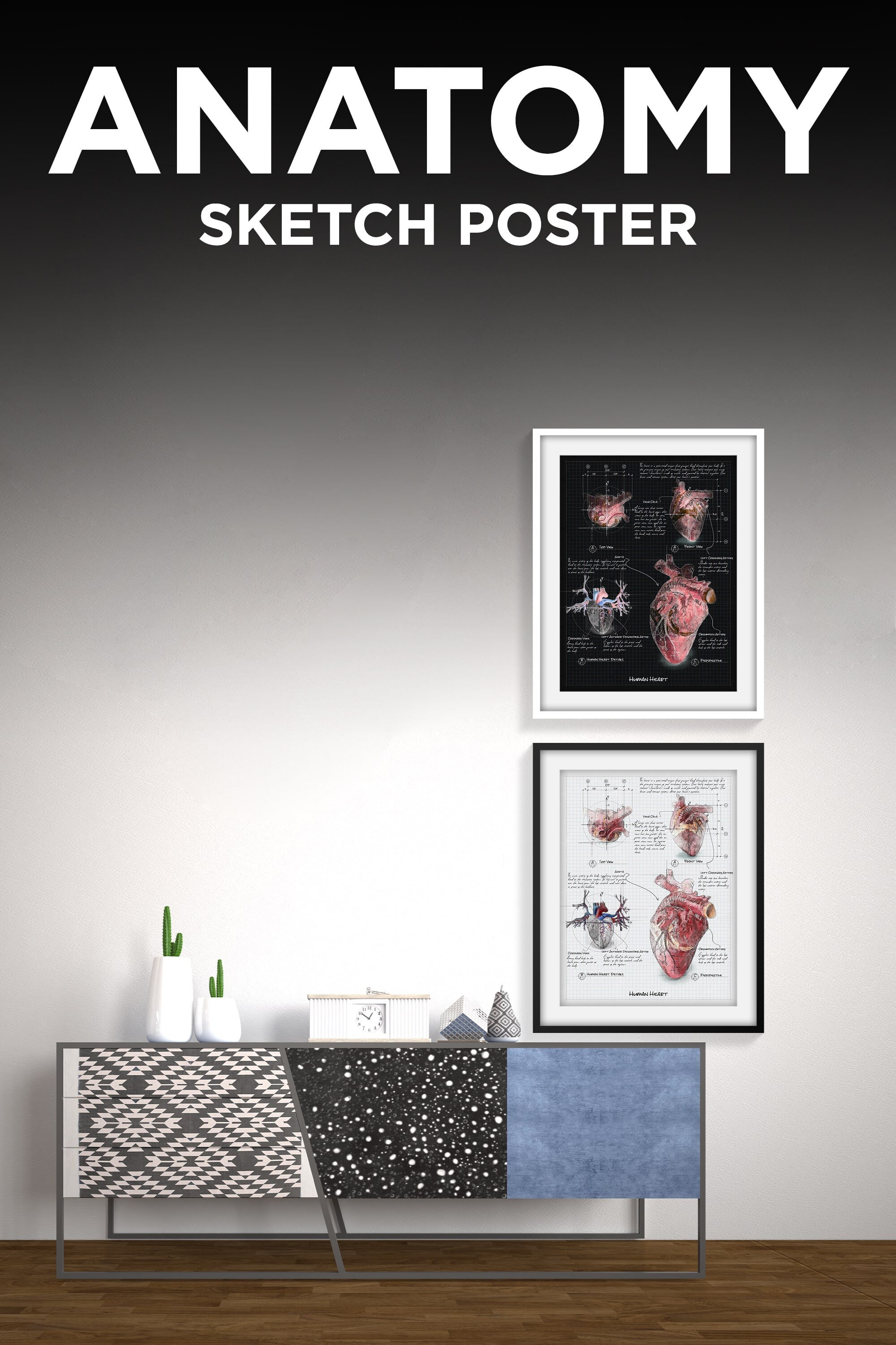 Human Heart Anatomy Poster Sketch, Black and White Poster, Monochrome ...