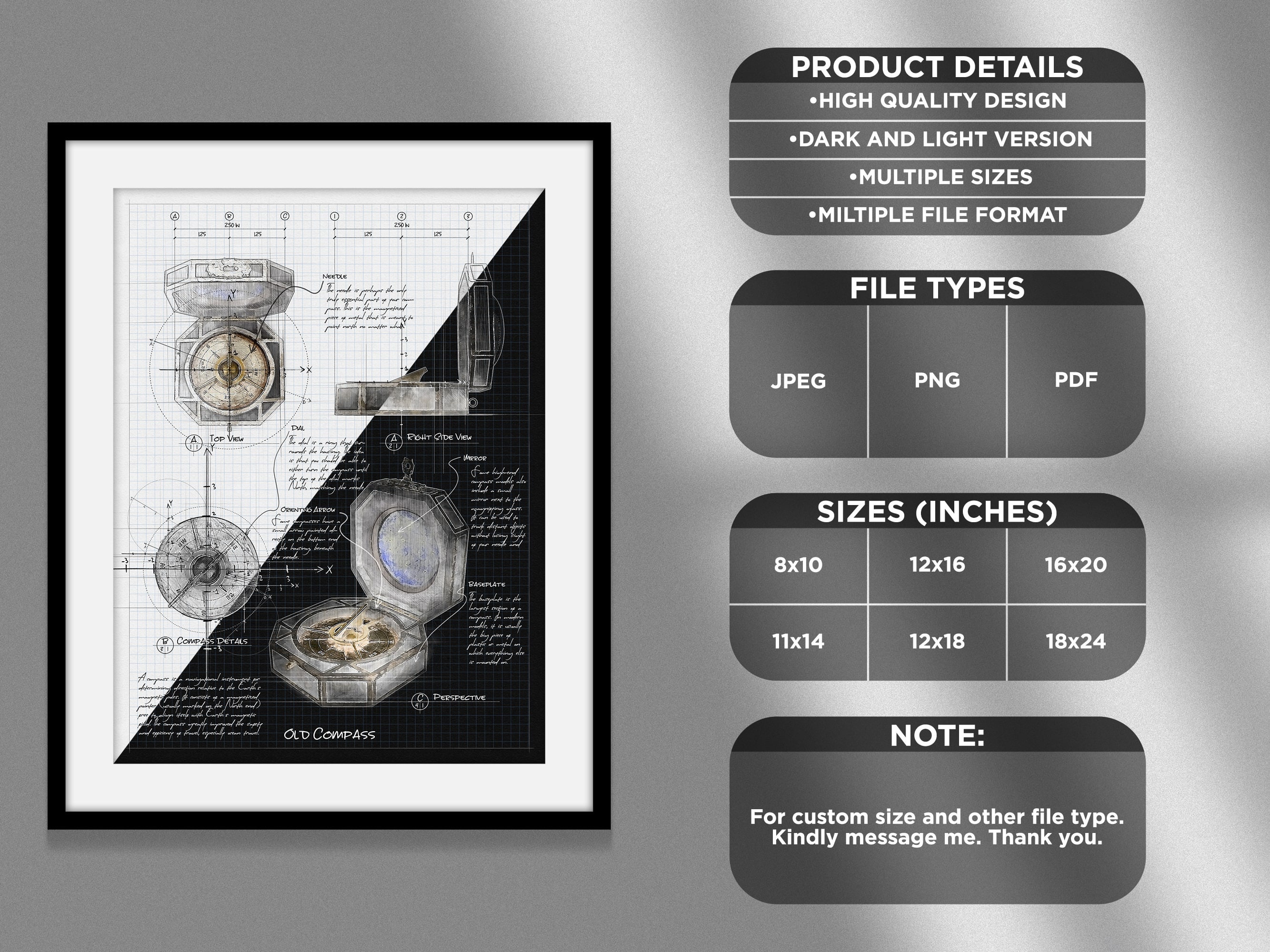 Compass Anatomy Poster Sketch, Black & White Poster, Monochrome, Unique ...