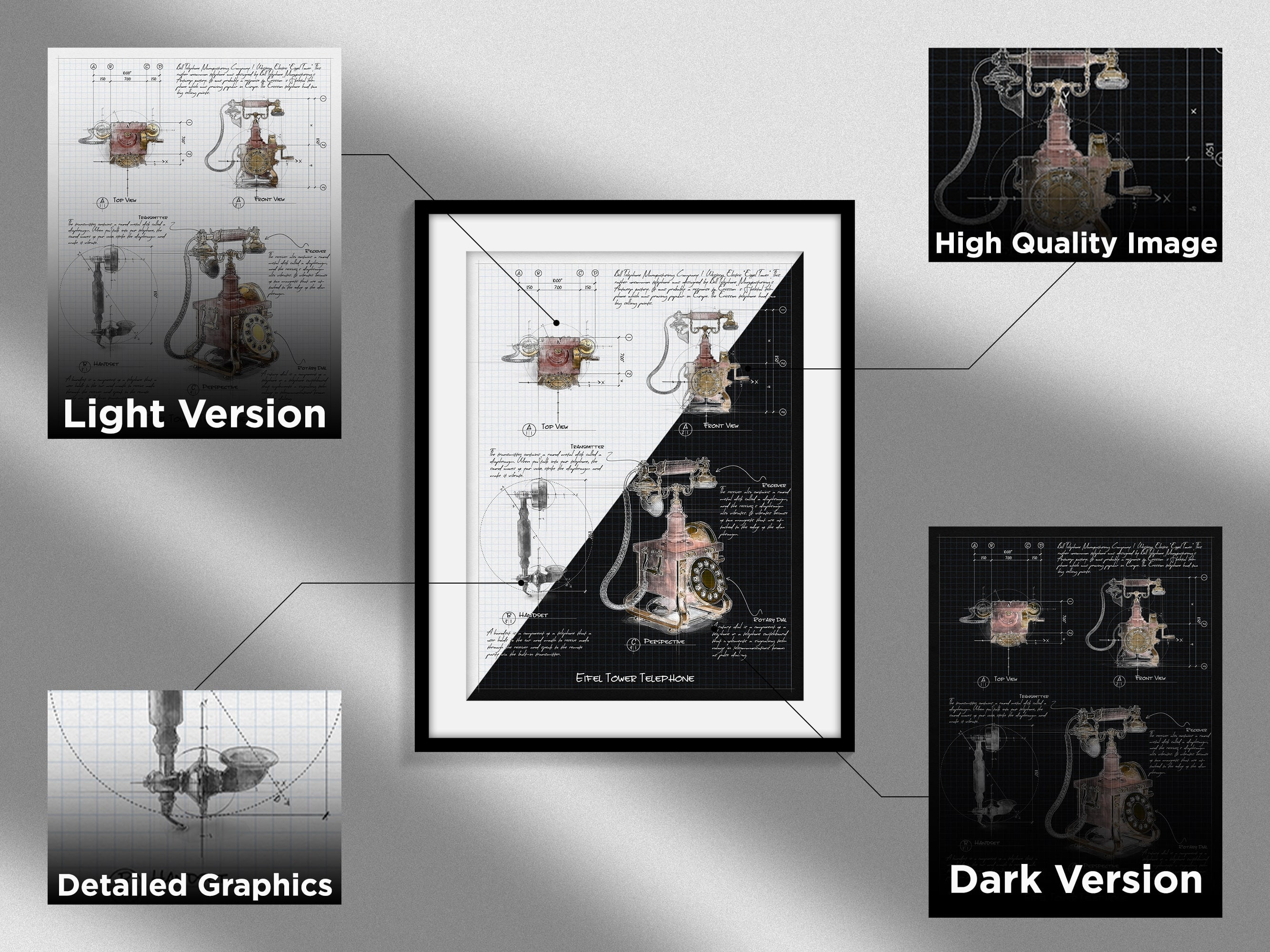 Vintage Telephone Anatomy Poster Sketch, Black and White Poster ...