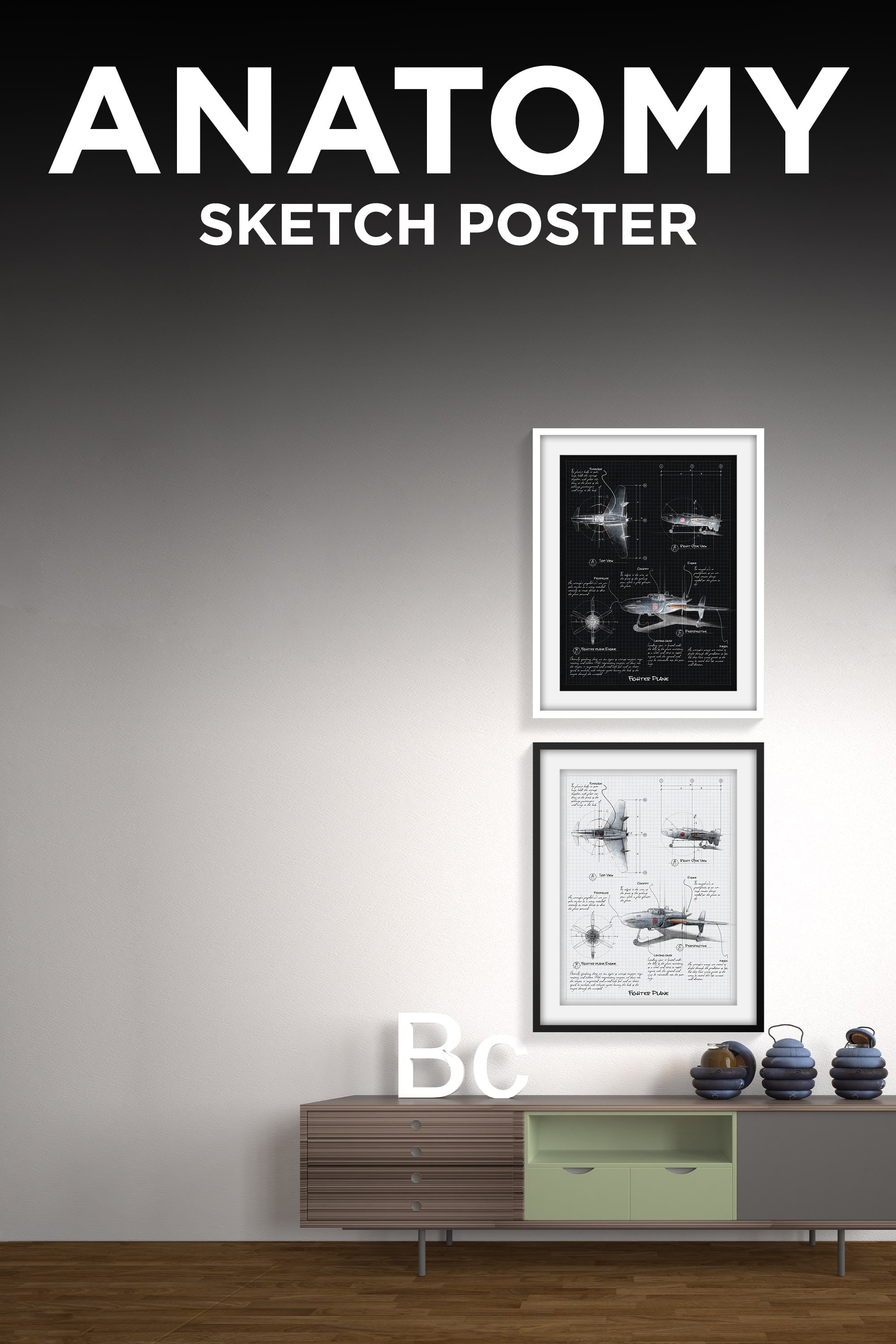 Fighter Plane Anatomy Poster Sketch, Black & White Poster, Monochrome ...