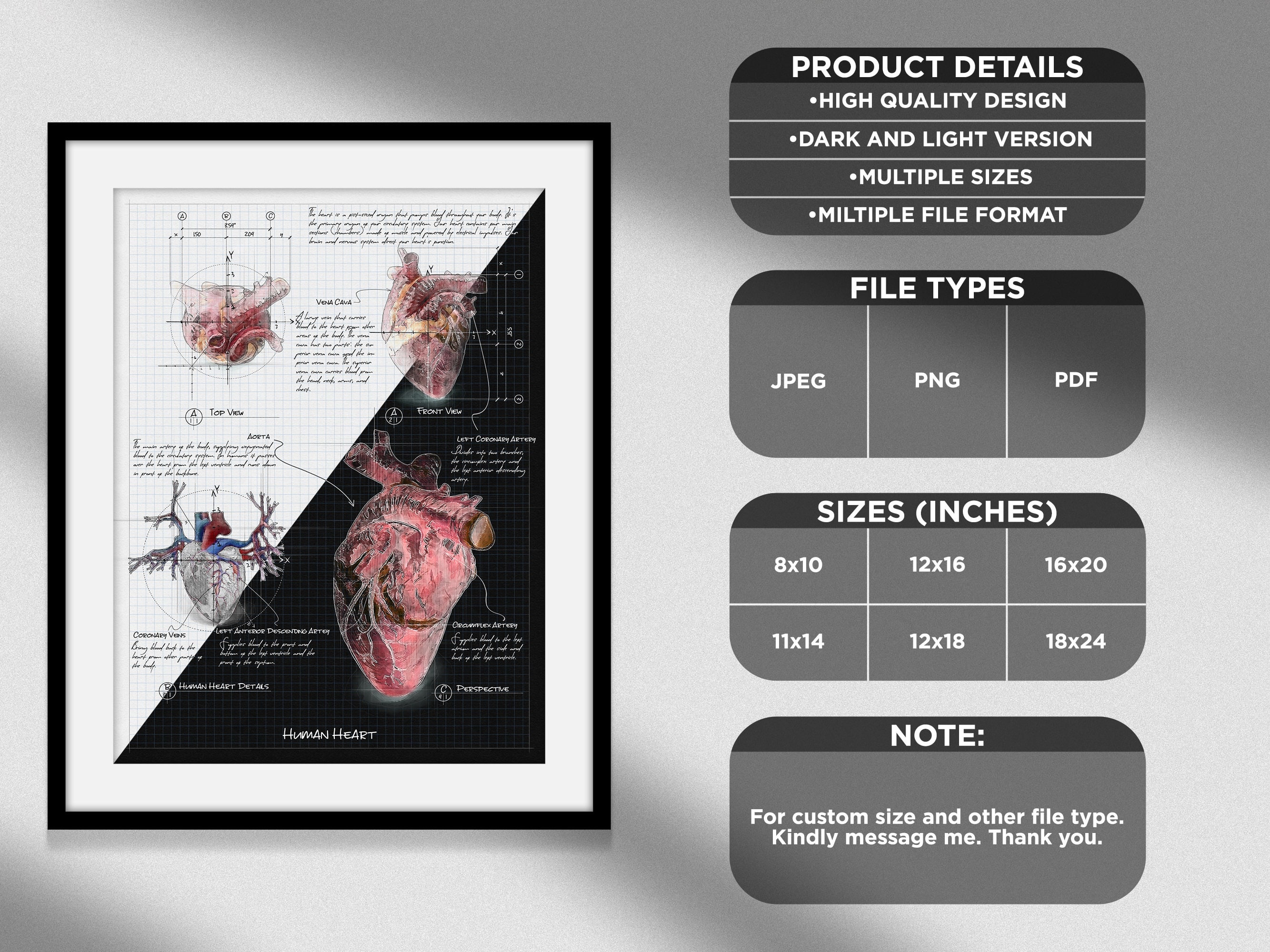 Human Heart Anatomy Poster Sketch, Black and White Poster, Monochrome ...