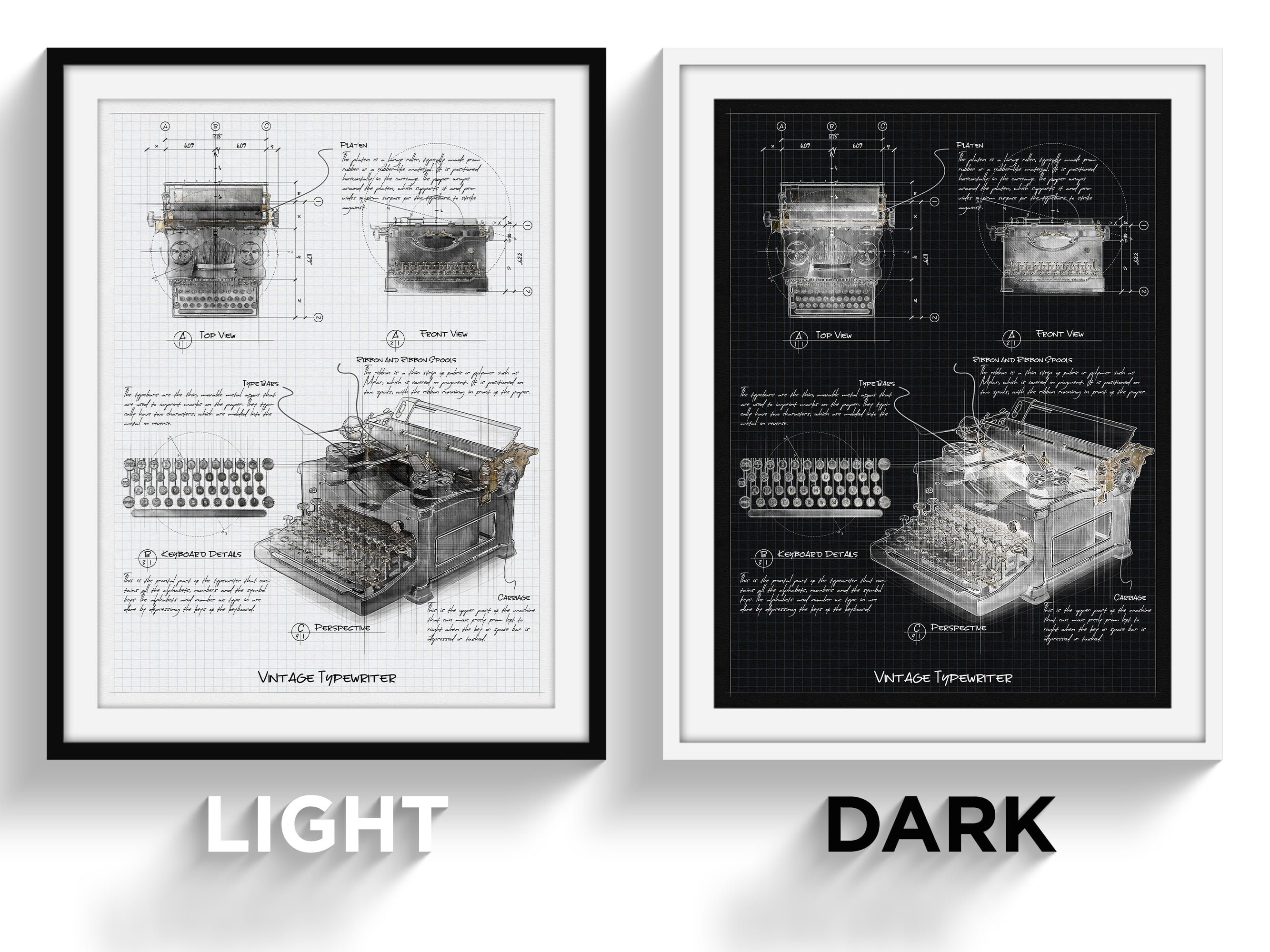 Vintage Typewriter Anatomy Poster Sketch Black and White - Etsy