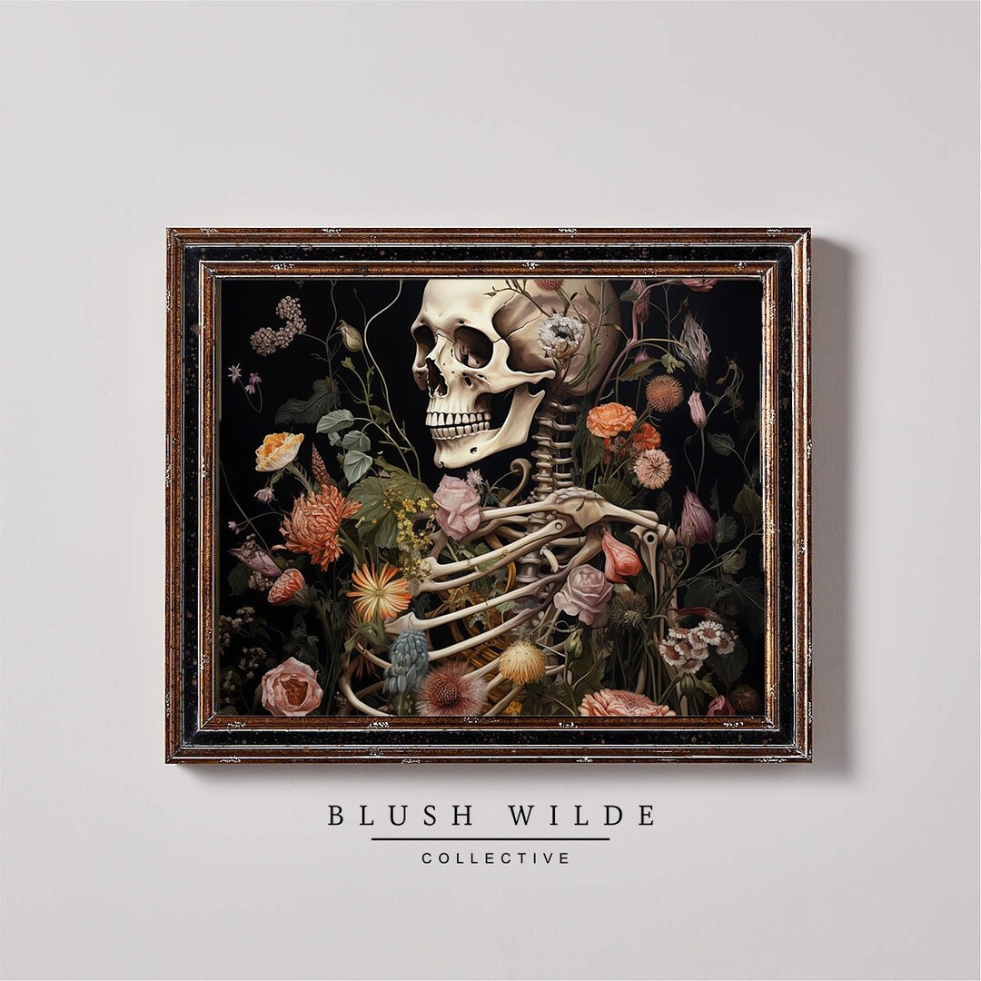 Floral Skeleton Oil Painting: Moody Art Print (digital Download) - Etsy