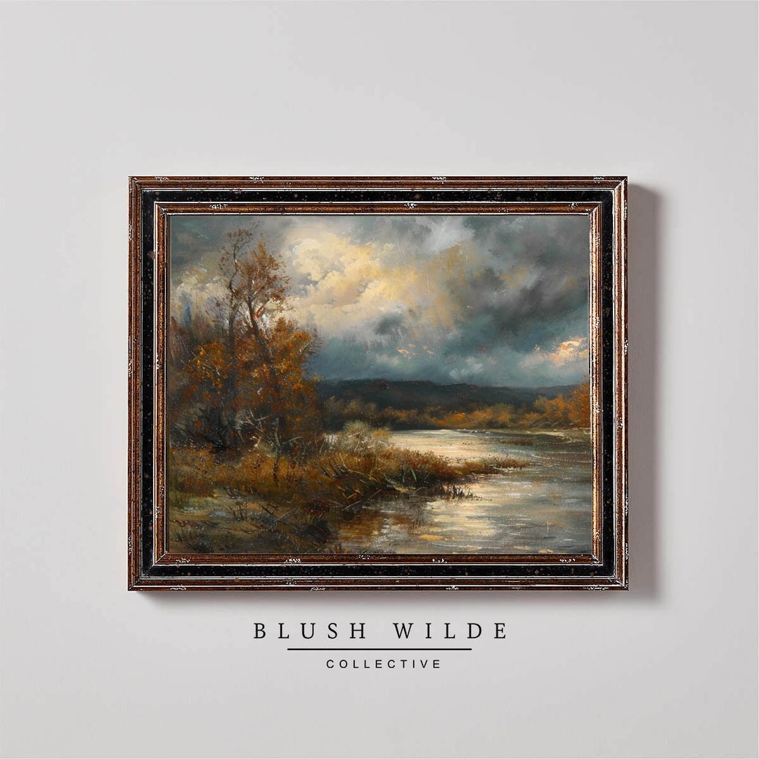 Fall River Landscape Oil Painting Print: Vintage Moody Art (digital ...