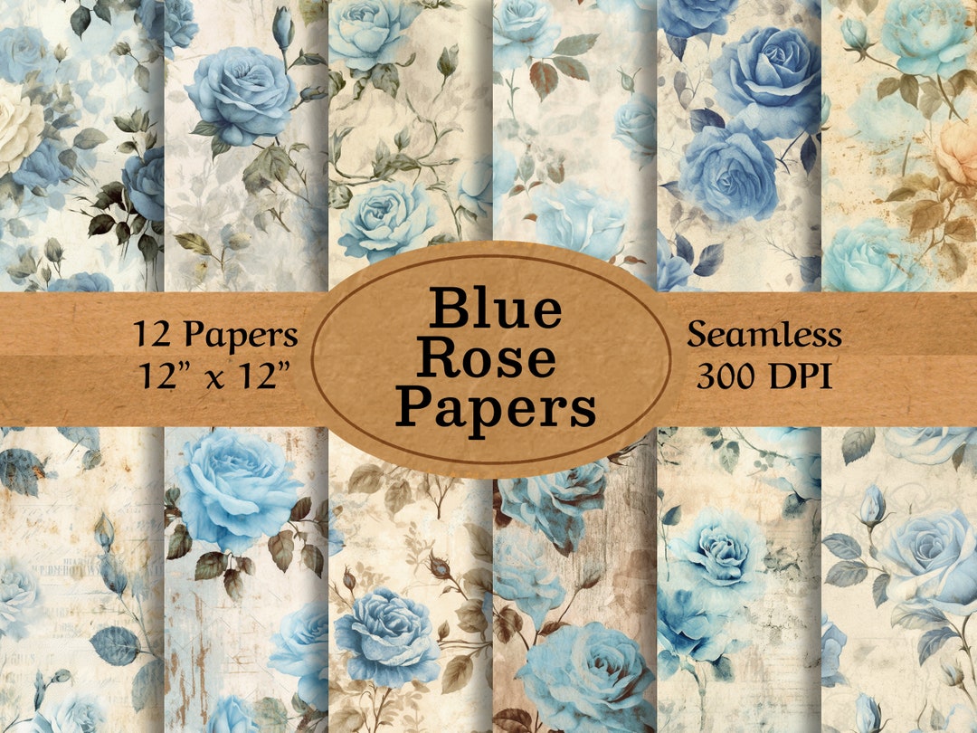 Seamless Vintage Blue Rose Digital Paper, Shabby Blue Rose Papers ...