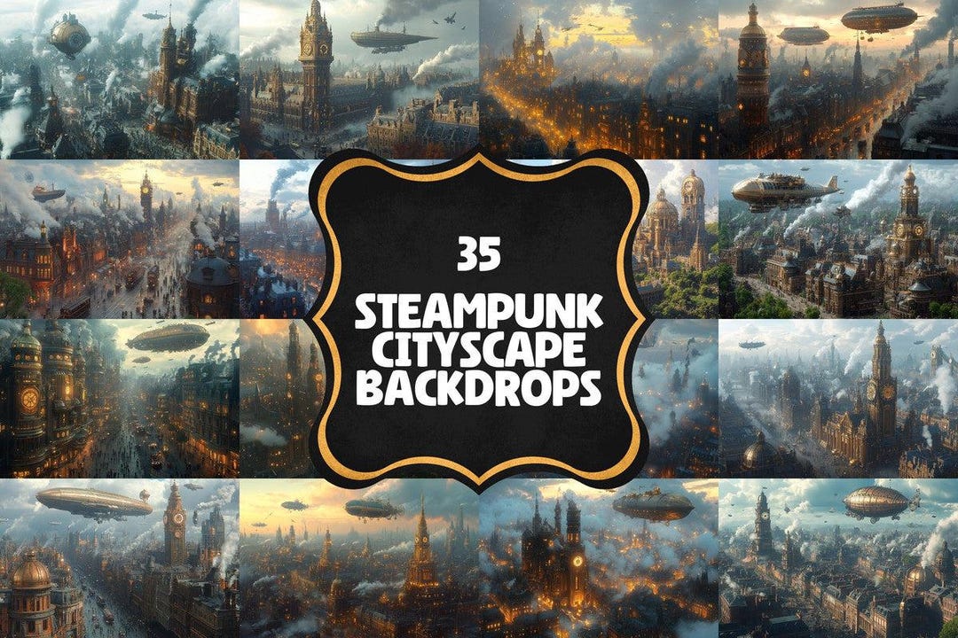 35 Steampunk Cityscape Backdrops, Warm Aesthetic (6000x4000px Pngs) - Etsy