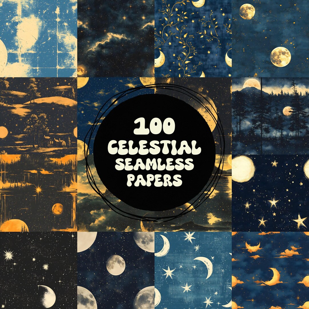 100 Celestial Moon Seamless Digital Papers: Full Moon, Crescent, and ...