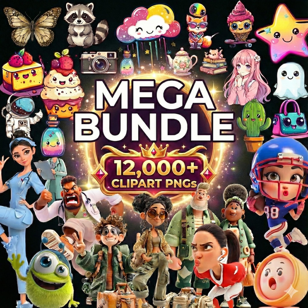 12,000+ Mega PNG Clipart Bundle | Commercial Use Graphics | Kawaii, 3D ...
