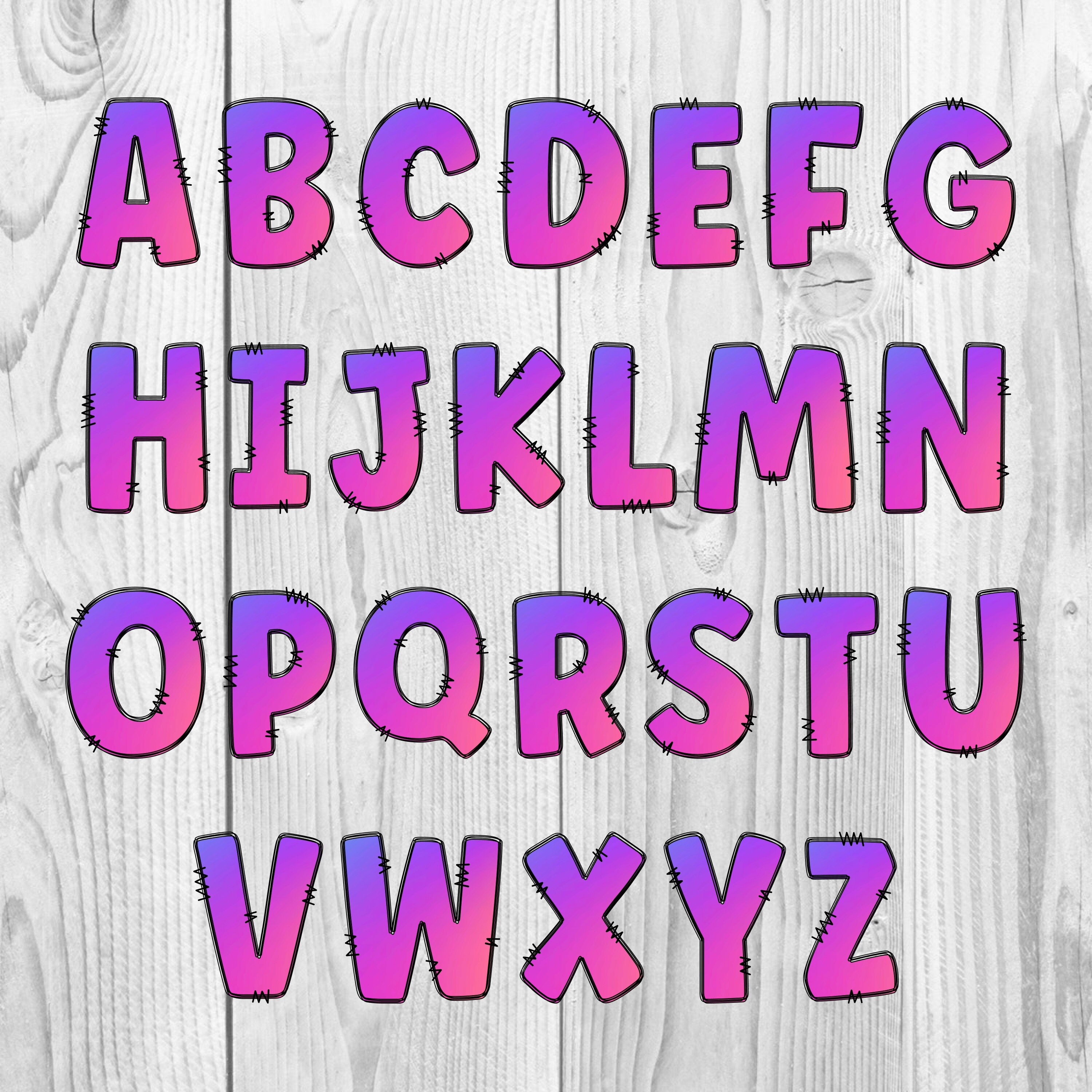 Alphabet Doodle Letters PNG Set Pink & Purple Pastel Ombre Gradient ...