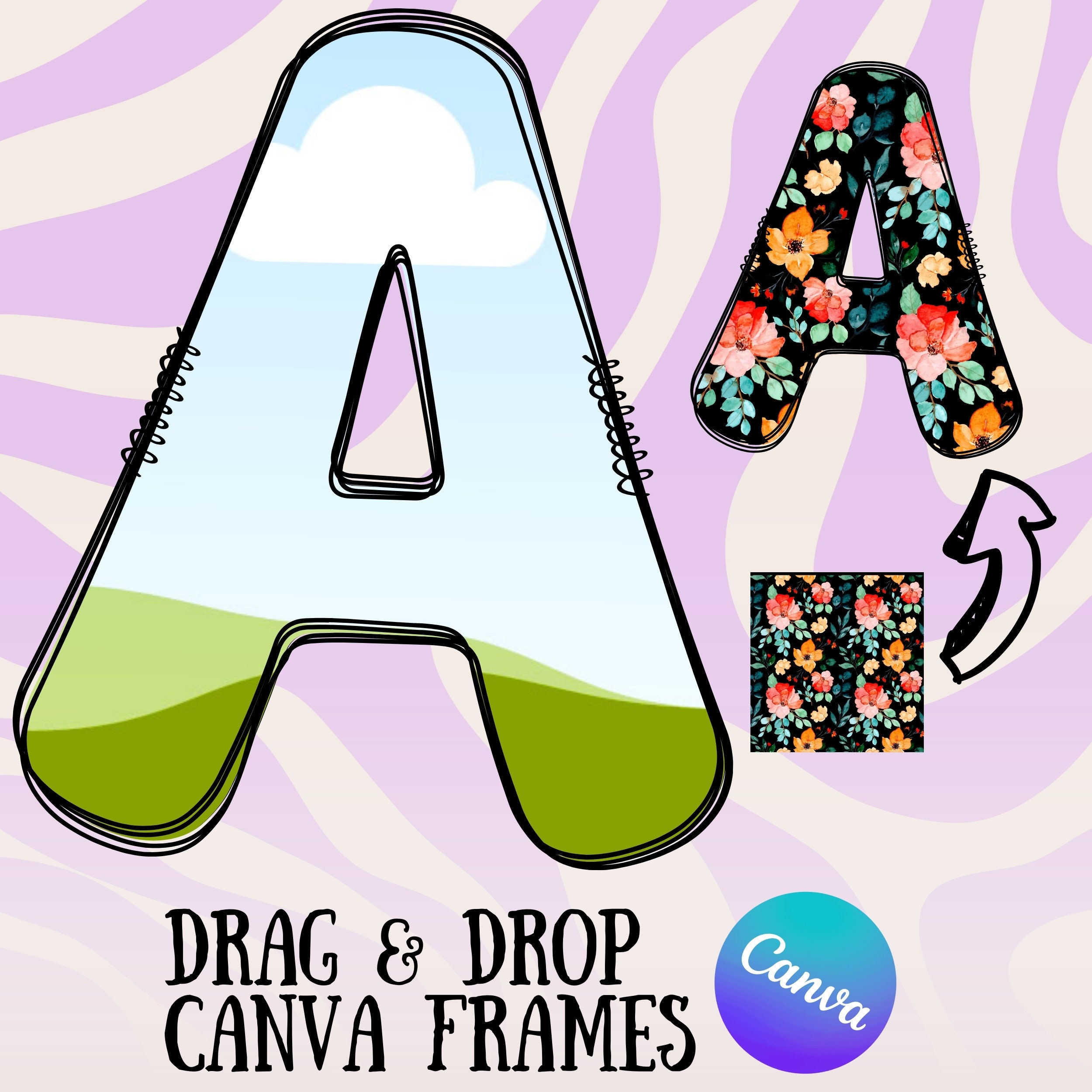 CANVA Doodle Letters Drag and Drop Frames Groovy Retro Doodle Fillable ...
