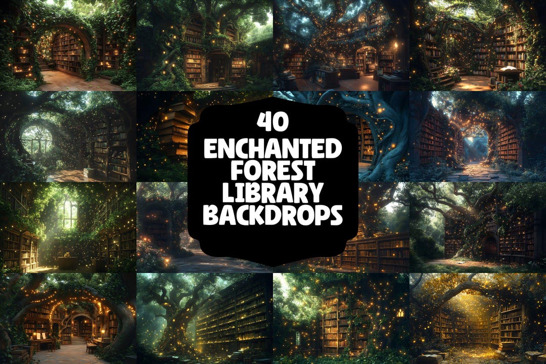 40 Enchanted Forest Library Digital Backdrops for Magical, Literary ...