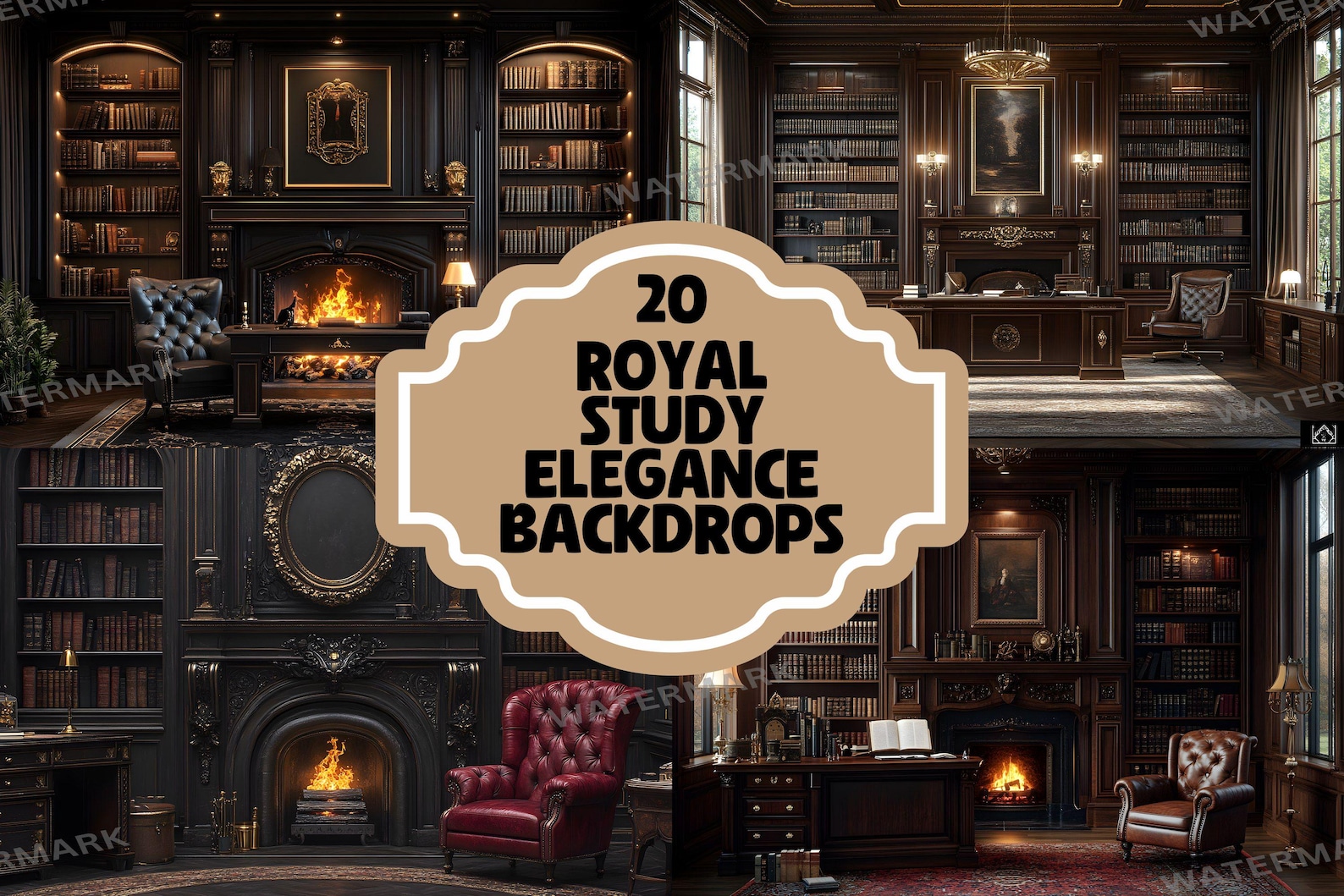 20 Royal Study Backdrops, Vintage Library, Digital Background ...