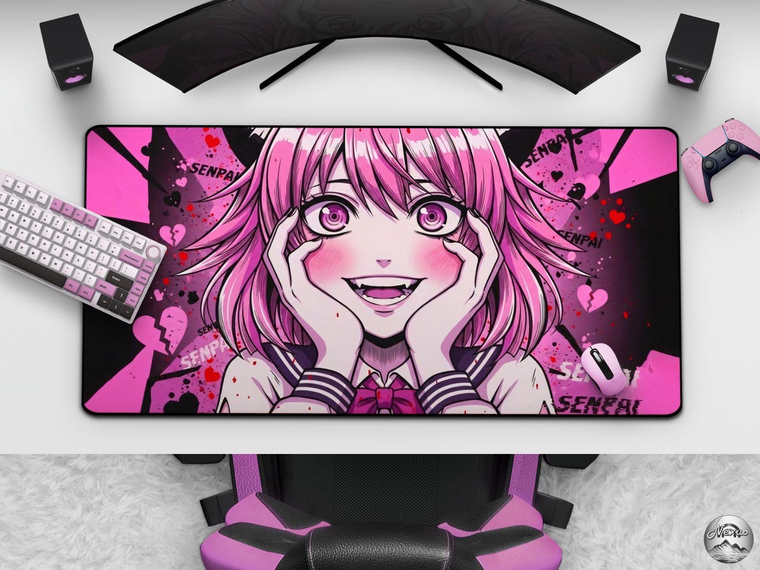 Cute Yandere Gaming Mousepad, Anime Girl Desk Mat, Kawaii Pink & Black ...