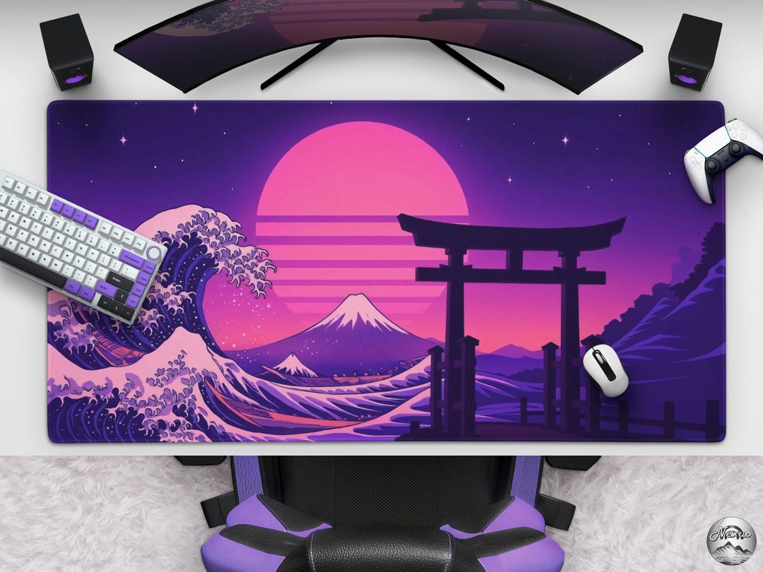 Vaporwave Mount Fuji & Torii Gate Gaming Mousepad, Synthwave Sun and ...