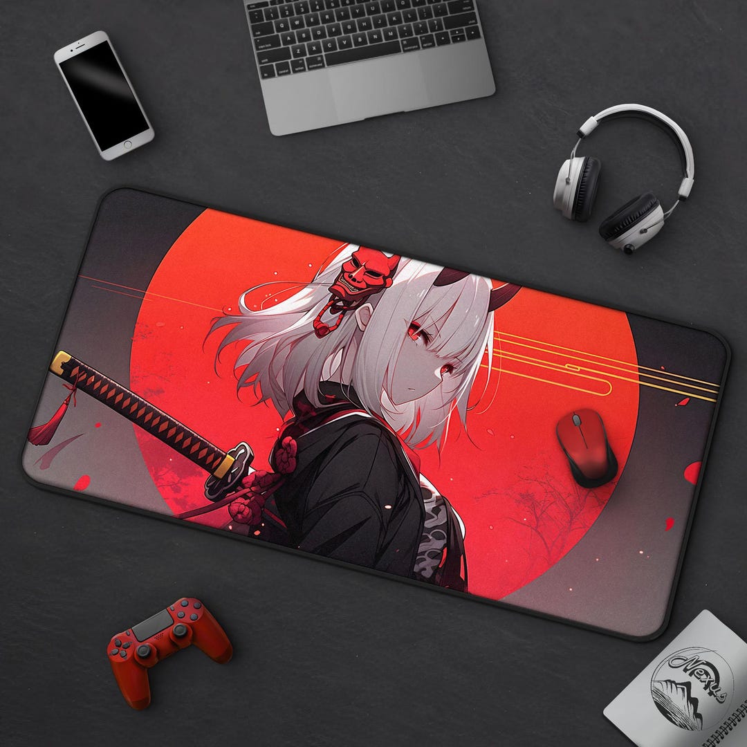 The Crimson Oni - Oni Samurai Mousepad, Anime Katana Girl Desk Mat ...