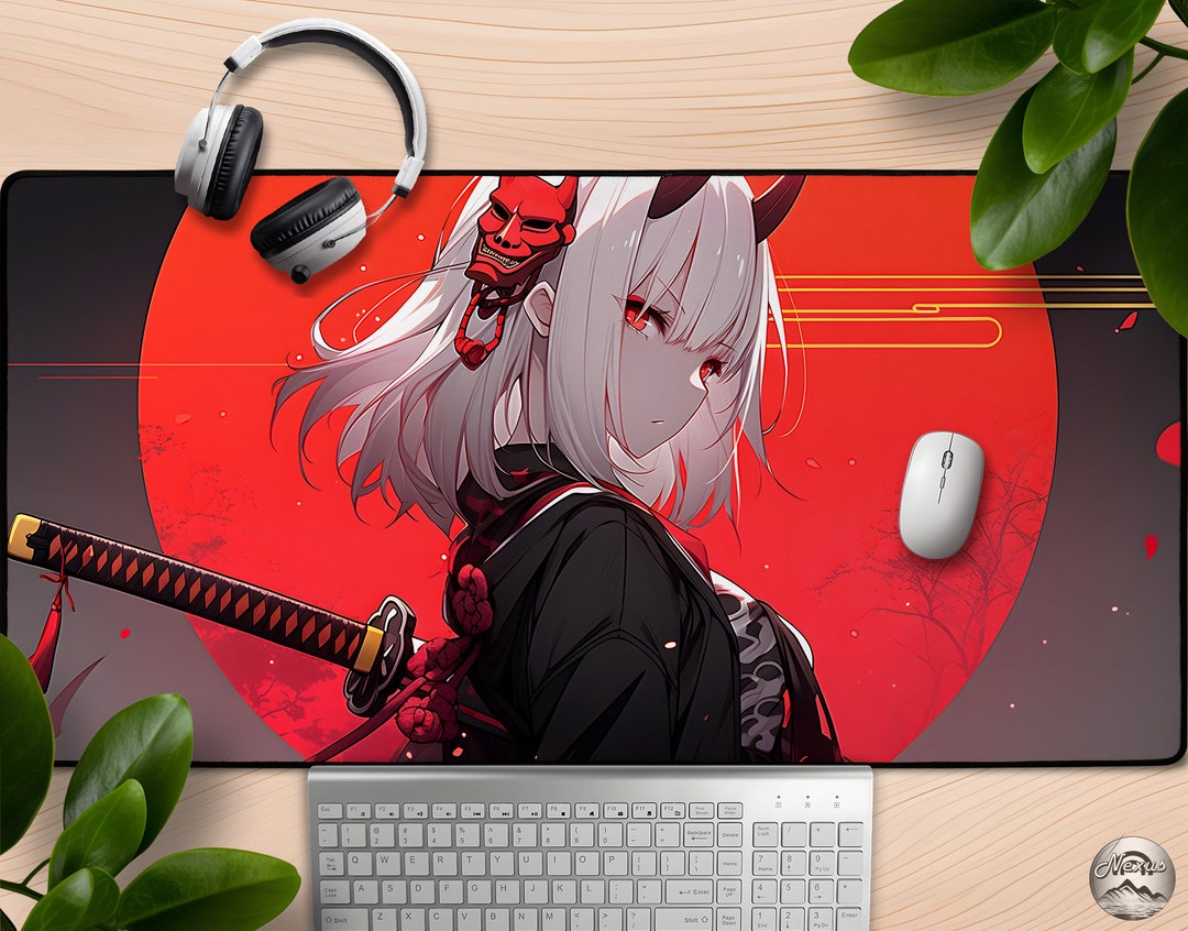 The Crimson Oni Oni Samurai Mousepad, Anime Katana Girl Desk Mat ...