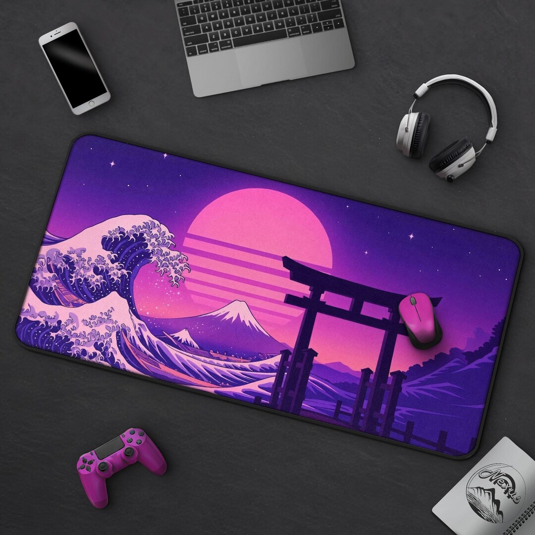 Vaporwave Mount Fuji & Torii Gate Gaming Mousepad, Synthwave Sun and ...