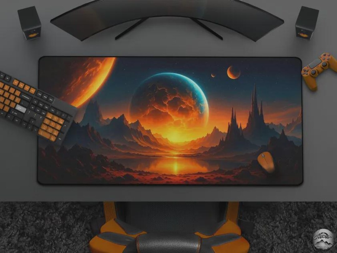 Alien Planet Desk Mat, Cosmic Fantasy Landscape With Moons & Mountains ...