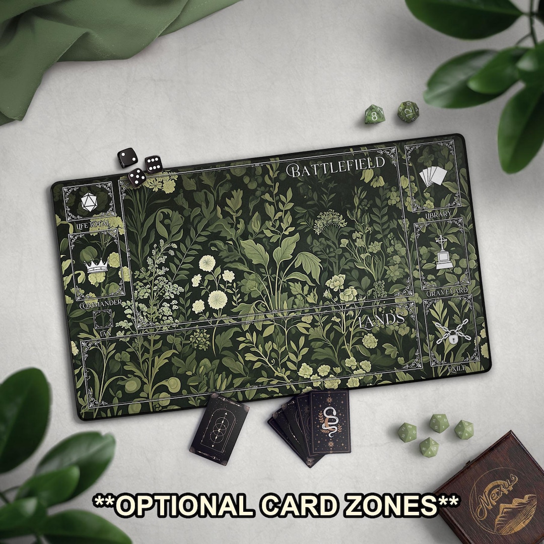 Green Botanical TCG Playmat, Floral Nature Mat With EDH Card Zones ...