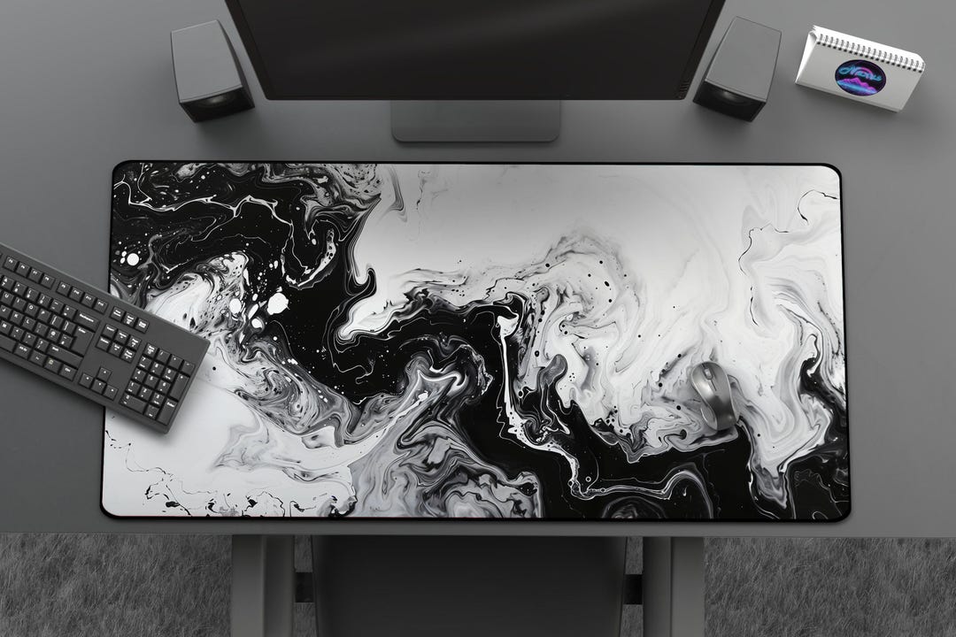 Cool Black & White Abstract Marble Mousepad, Modern Monochrome Ink Wave ...