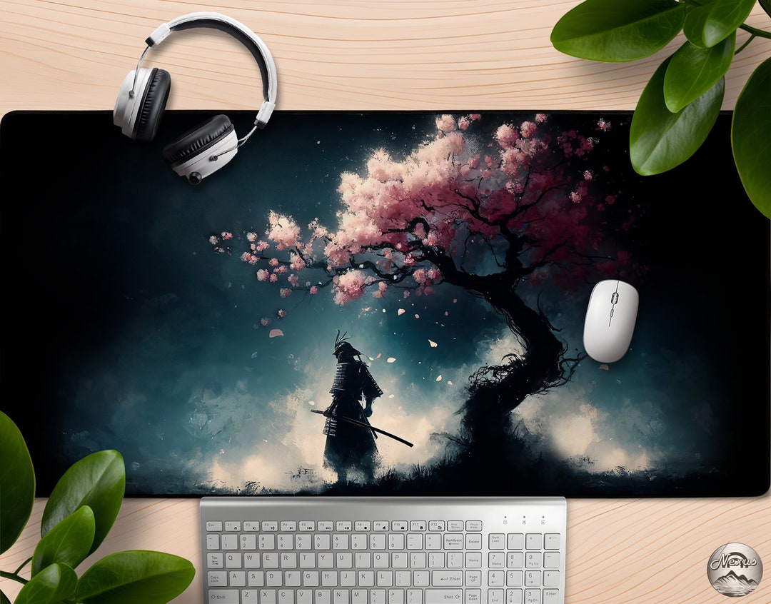 Cool Samurai Under Cherry Blossom Tree Mousepad, Aesthetic Blue & Black ...