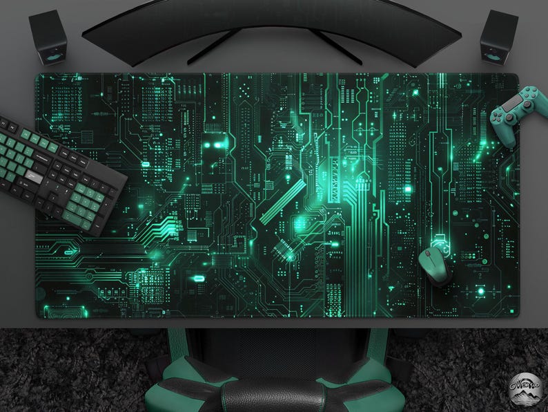 Tech Matrix - Green Cyber Grid Desk Mat, Cool Cyberpunk Hacker Mousepad ...