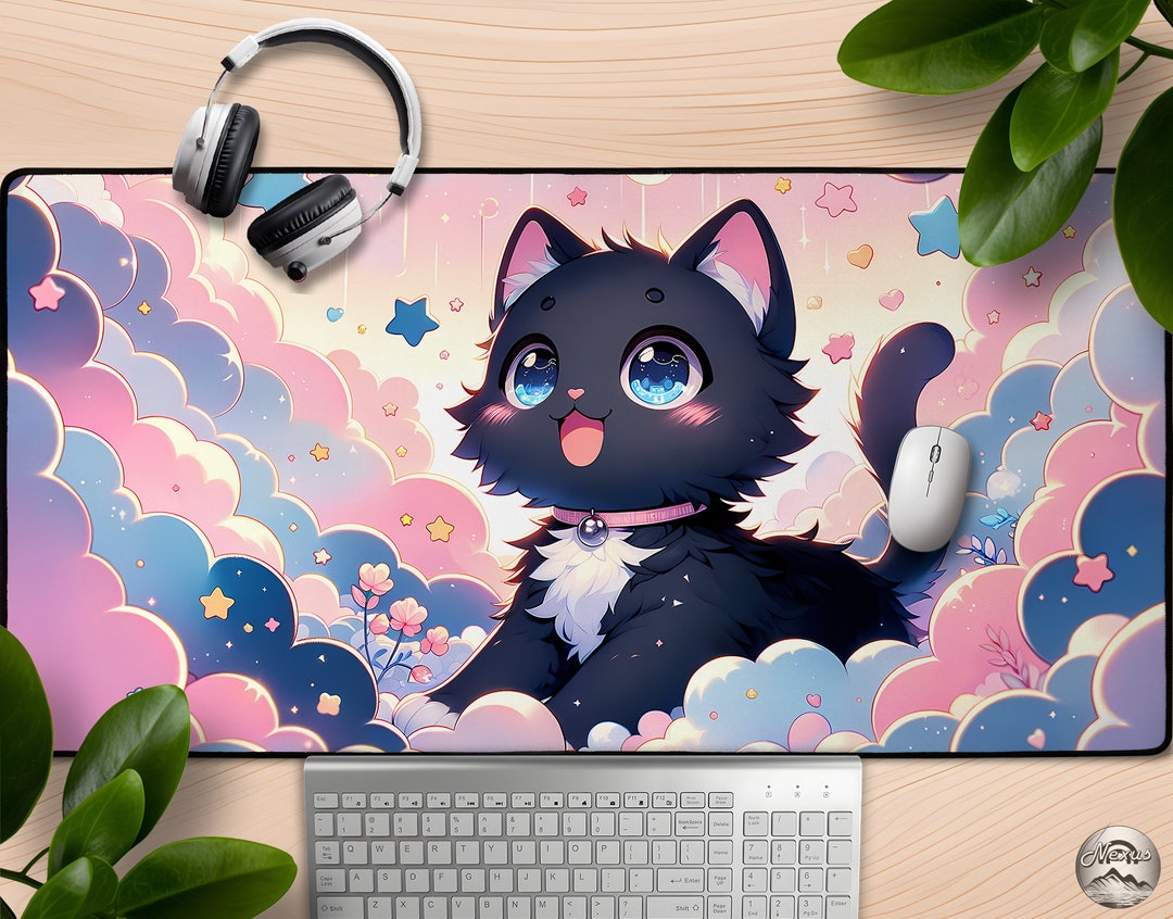 Kawaii Pastel Clouds and Cat Mousepad, Cute Black Cat Desk Mat, Large ...