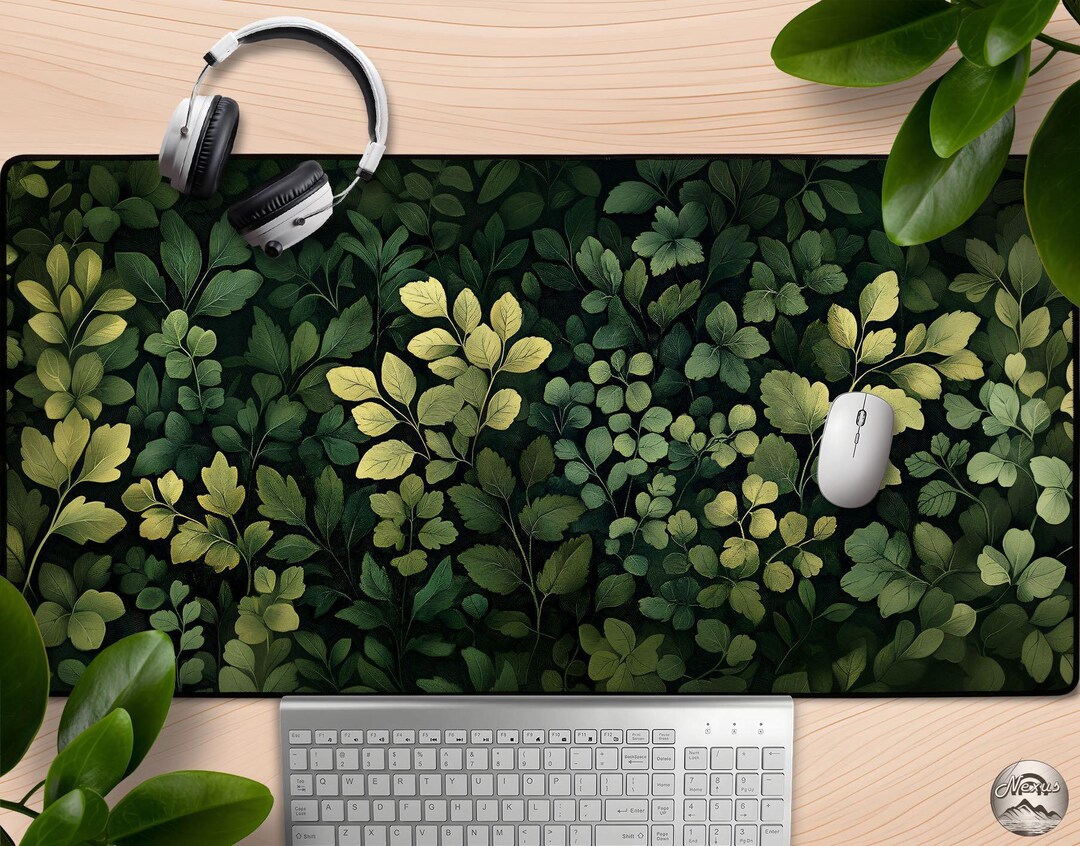 Leafy Whisper - Green Botanical Mousepad, Plant Leaf Desk Mat, Large ...