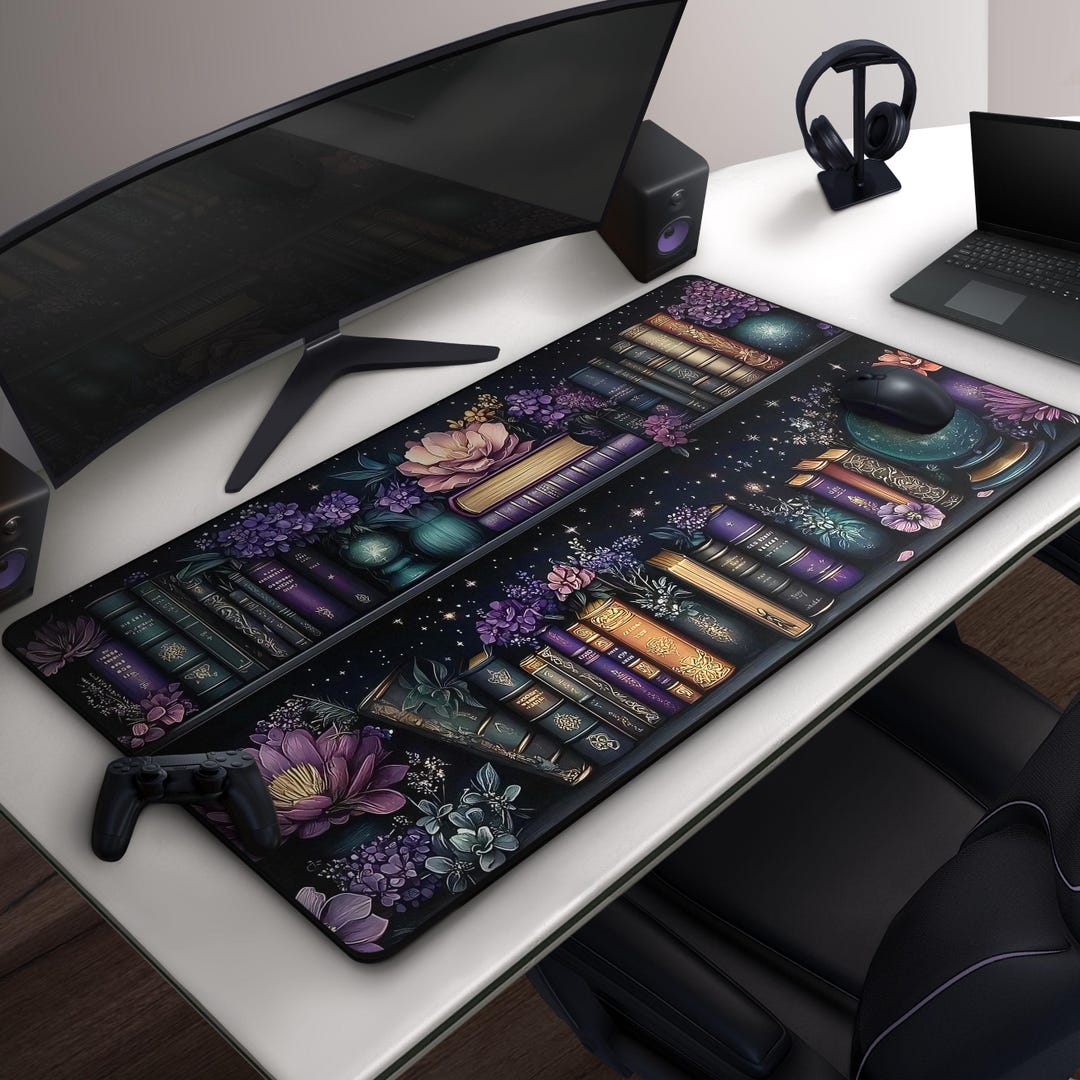 Witchy Purple Bookshelf Desk Mat, Celestial Floral Books & Magic ...