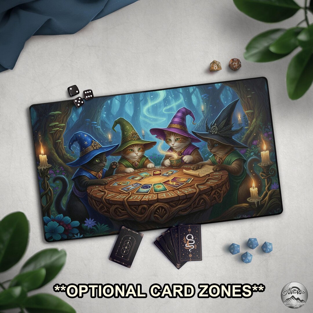 TCG Playmat: Witchy Cats Tarot Reading, Enchanted Forest Cats Mat With ...