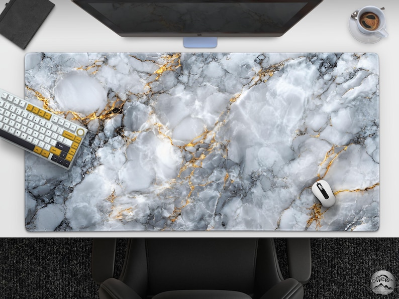 Marble Luxe - Cool White Marble Mousepad, Modern Abstract Desk Mat ...