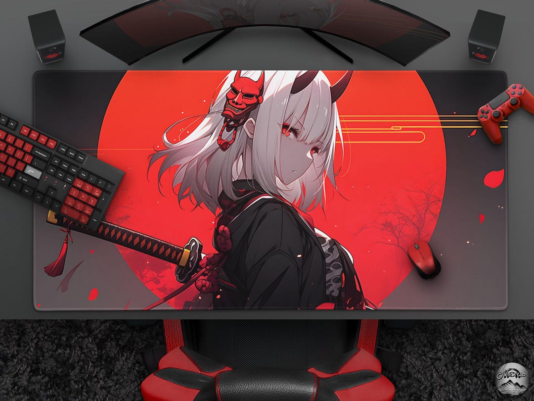 The Crimson Oni - Oni Samurai Mousepad, Anime Katana Girl Desk Mat ...