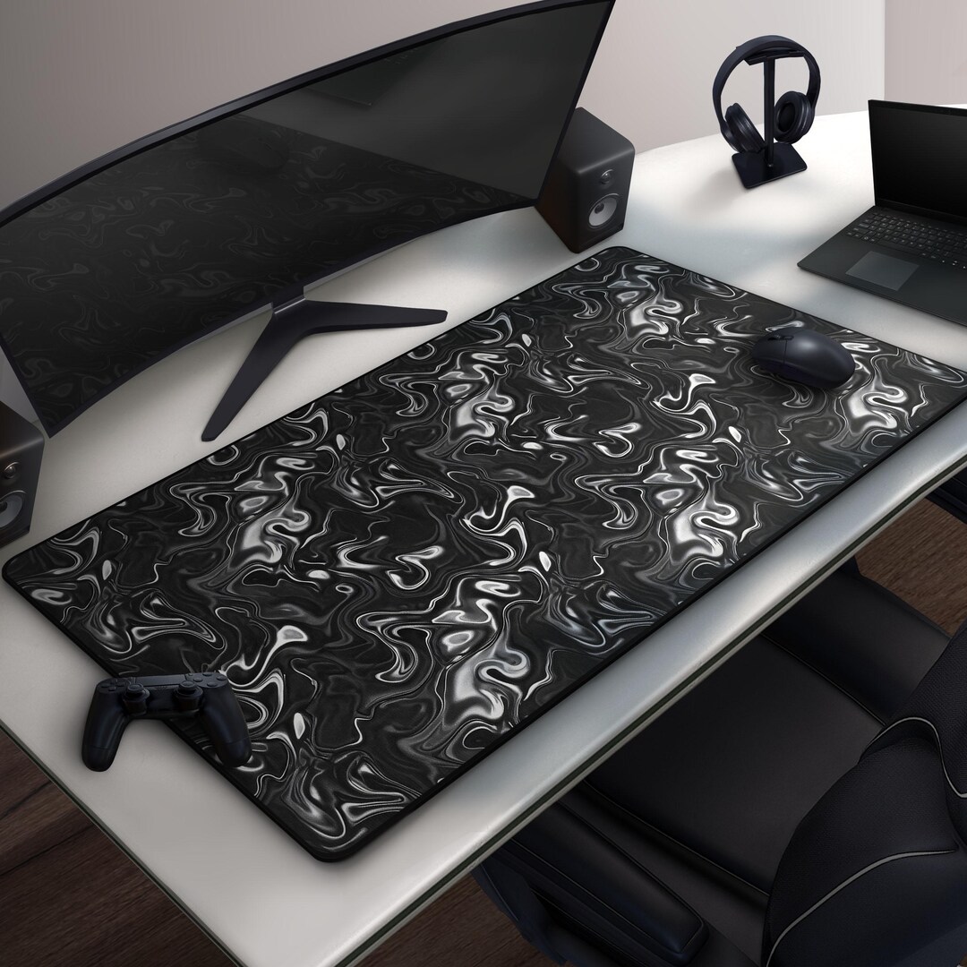 Black White & Grey Liquid Desk Mat, Retro Abstract Gaming Mousepad ...