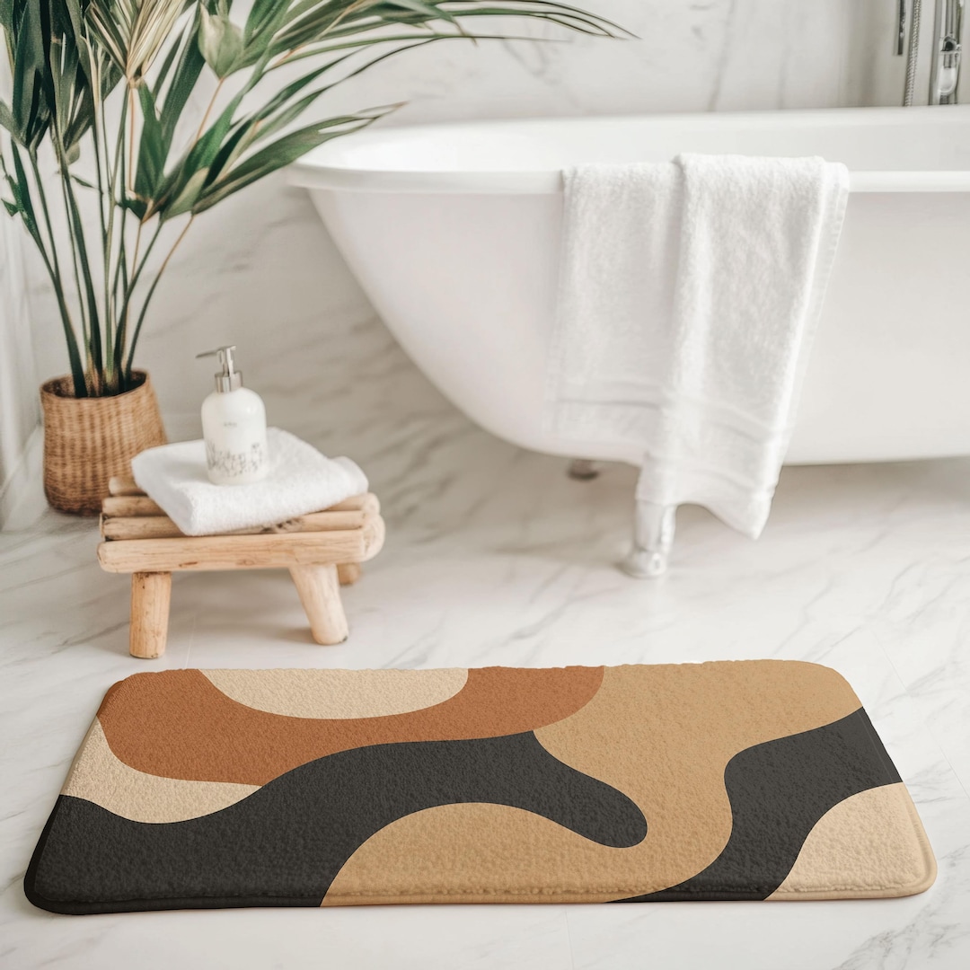 Abstract Boho Bath Mat, Modern Neutral Bathroom Rug, Tan Brown Black ...