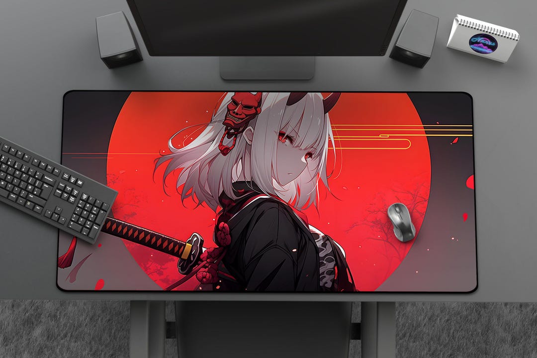 The Crimson Oni - Oni Samurai Mousepad, Anime Katana Girl Desk Mat ...