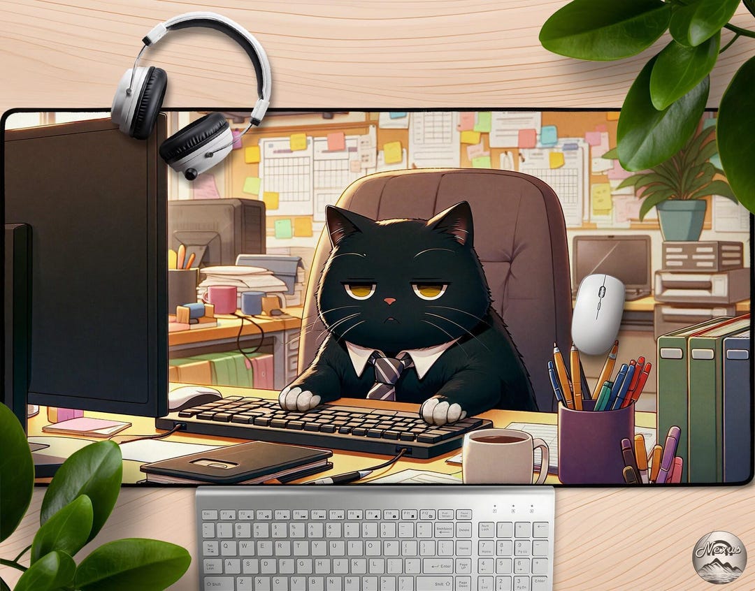 Overworked Cat Mousepad, Funny Cat at Work Desk Mat, Cute Black Cat ...