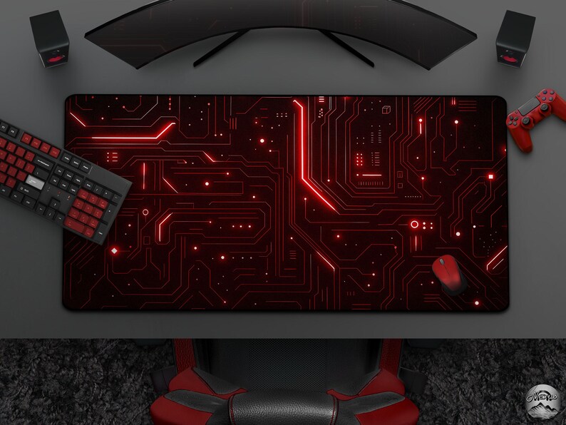 Futuristic Circuit Board Gaming Mouse Pad, Black & Red Tech-inspired ...