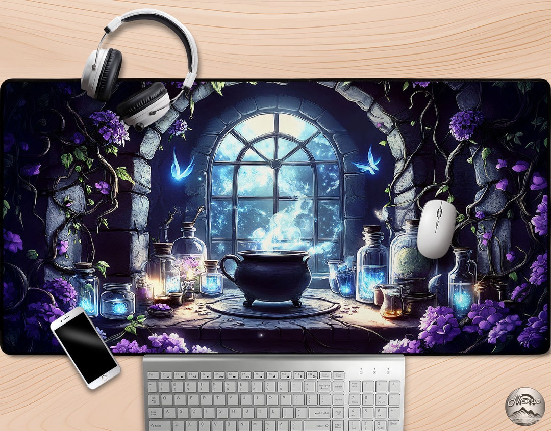 Enchanted Brew - Cute Witchy Desk Mat, Floral Fantasy Potions Mousepad ...
