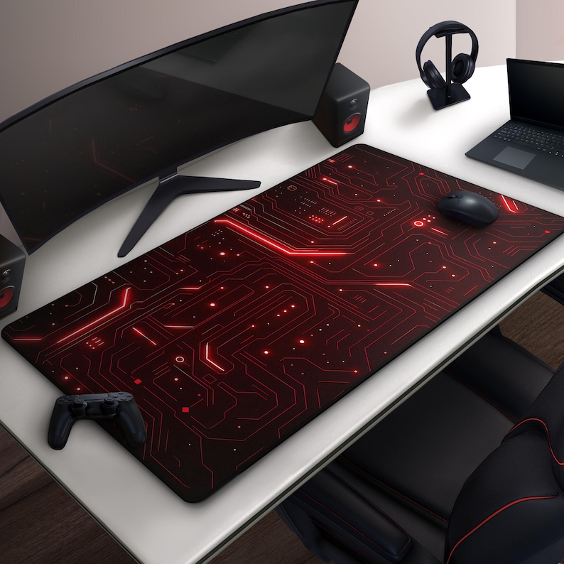 Futuristic Circuit Board Gaming Mouse Pad, Black & Red Tech-inspired ...