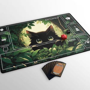 Leafy Black Cat Playmat Cute Kawaii Neko TCG Mat, MTG Mat With Zones ...