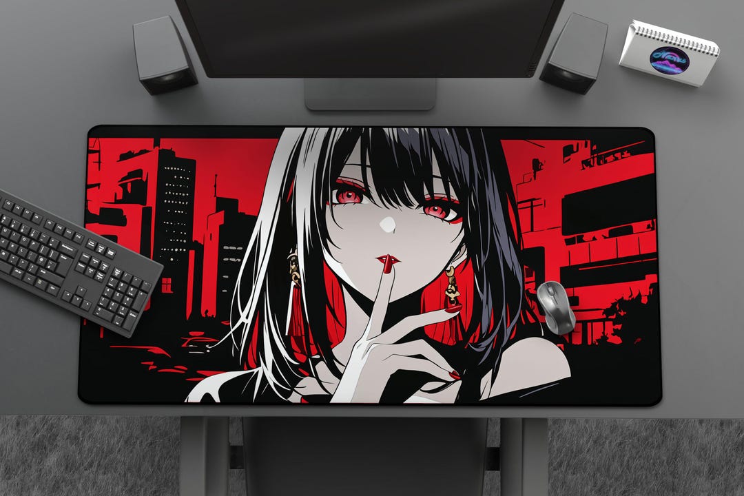 Urban Temptation - Noir Anime Girl Mousepad, Cool Red & Black City ...