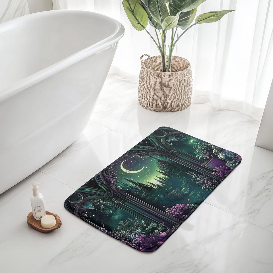 Witchy Fantasy Bath Mat, Cute Forest Night & Moon Bathroom Rug, Plush ...