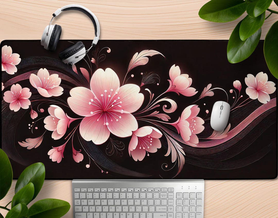 Desk Mat: Sakura Flow Cherry Blossom Mousepad, Pink Floral Flower Petal ...