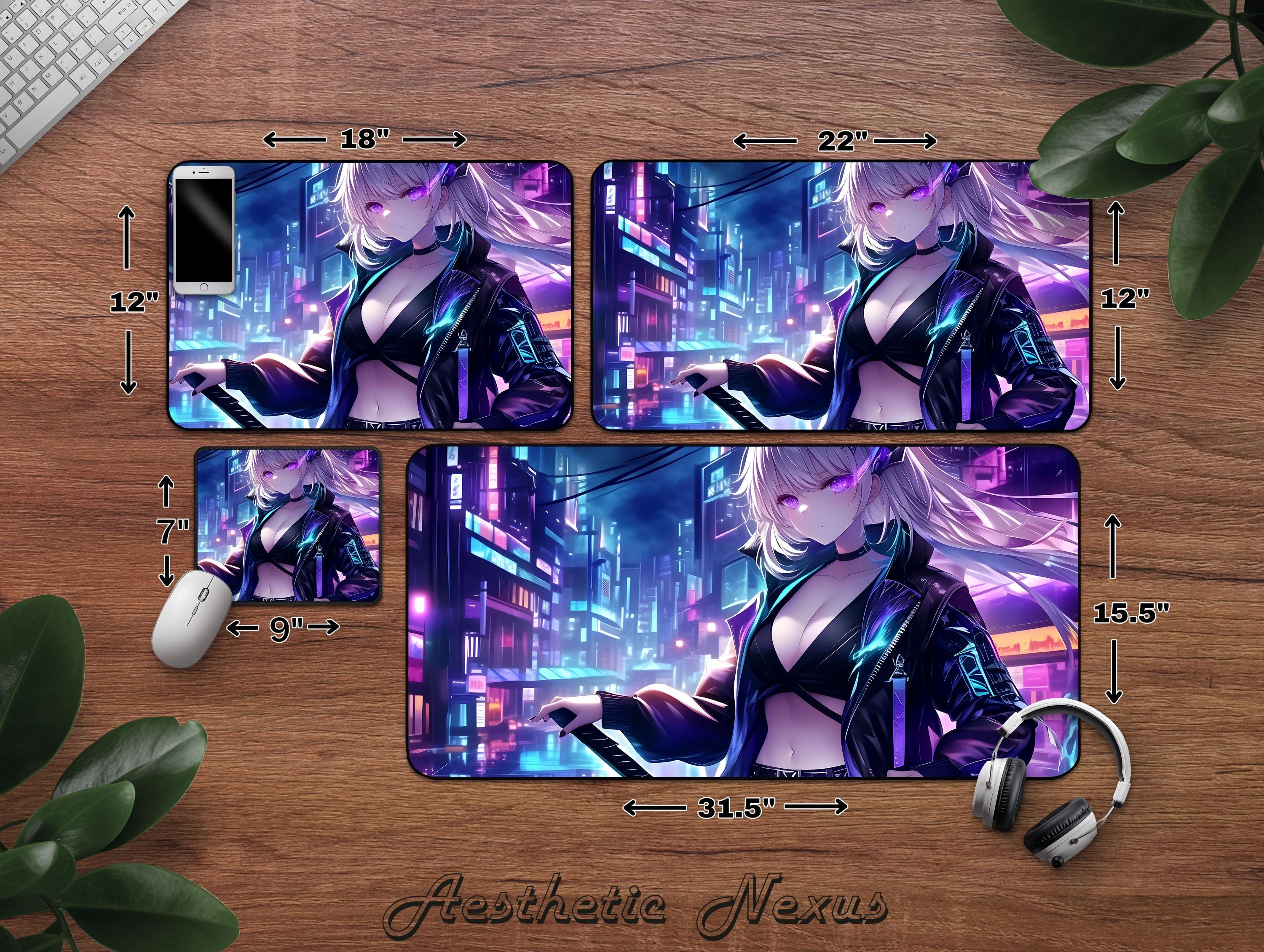 Anime Girl in Cyberpunk Aesthetic Mousepad, Cool Waifu Neon Synthwave ...